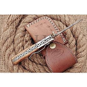 HUNTEX Custom Handmade Hand-Forged Twist Pattern Damascus Steel 3.7 Inch Long Natural Olive Wood Handle Razor Sharp Hunting Folding Pocket Wharncliffe Knife with Pocket Clip & Genuine Leather Pouch