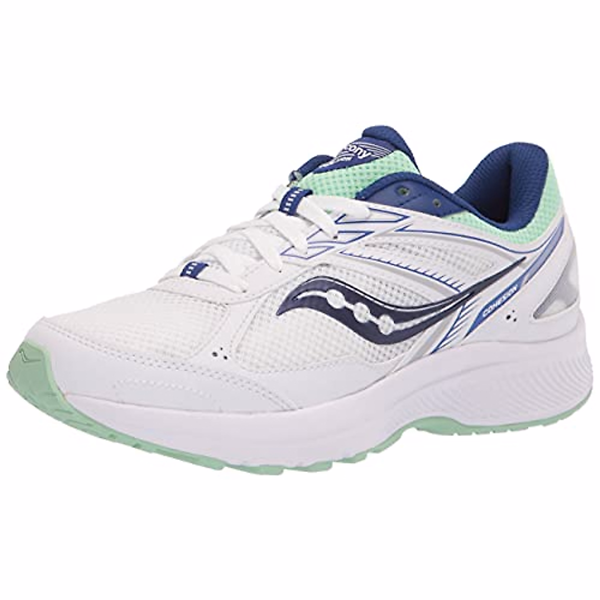 Saucony Women's Cohesion 14 Road Running Shoe, White/Navy/Mint, 8.5