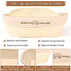 Sourdough Proofing Baskets For Bread Baking Set of 2 - Round 9" & Oval 10" - Qrème House Premium Banneton Bread Proofing Basket Kit For Easy Artisan Bread Making With Bread Lame, Dough Whisk & Scraper