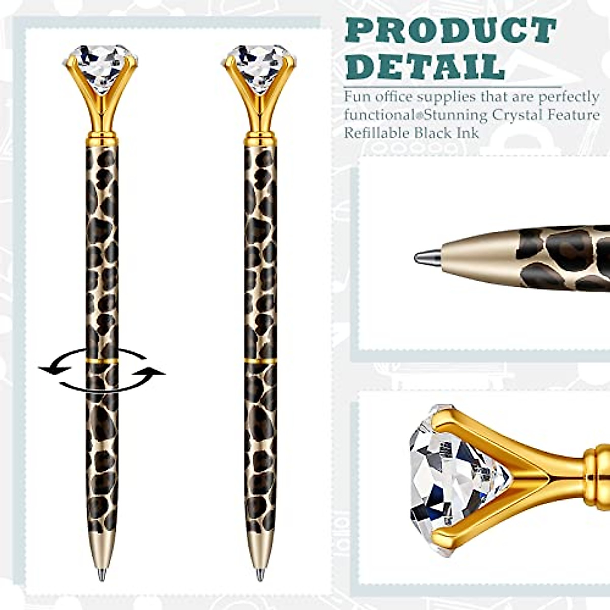 Fainne 6 Pieces Crystal Pens Leopard Ballpoint Pen Bling Diamond Pen Bride Wedding Pen Metal Pen with Diamond on Top Refillable Cheetah Pen for Office, School, Party Gifts