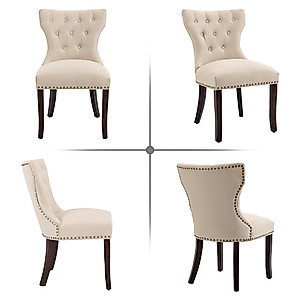 LSSBOUGHT Set of 2 Fabric Dining Chairs Leisure Padded Accent Chairs with Brown Solid Wooden Legs Nailed Trim 300 LBS Weight Capacity, Tan