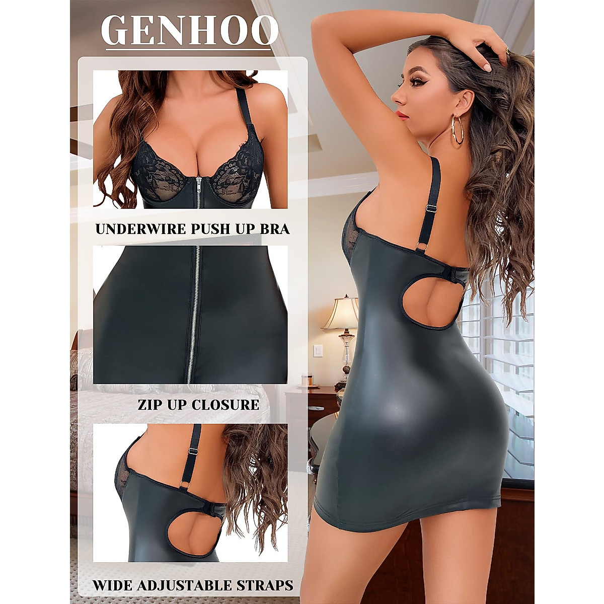 Genhoo Wommen Black Lingerie Mini Dress Zip Up Leather Teddy Dress Backless Mesh Chemises Goth Clubear Babydoll S