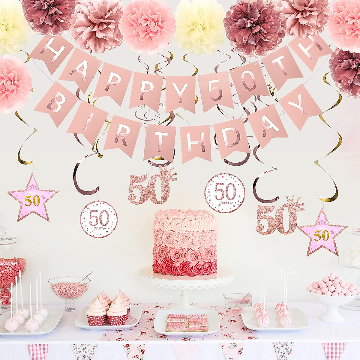Rose Gold 50th Birthday Party Decorations , Rose gold Glittery Happy 50th Birthday Banner,Poms,Sparkling Hanging Swirls Kit for 50th Birthday Party Supplies