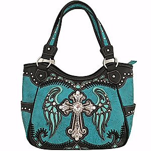 Western Rhinestone Cross Laser Cut Wings Tote Concealed Carry Purse Handbag Women Shoulder Bag Wallet Set (Turquoise Set)