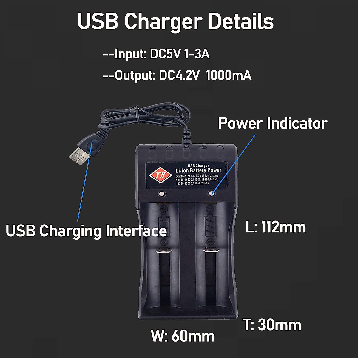 18650 Battery Charger 2 Bay Universal USB Smart Charger for 3.7V Rechargeable Lithium Li-ion Batteries Compatible 18650 26650 21700 10400 14500 16340 16650 18500 Battery Charger