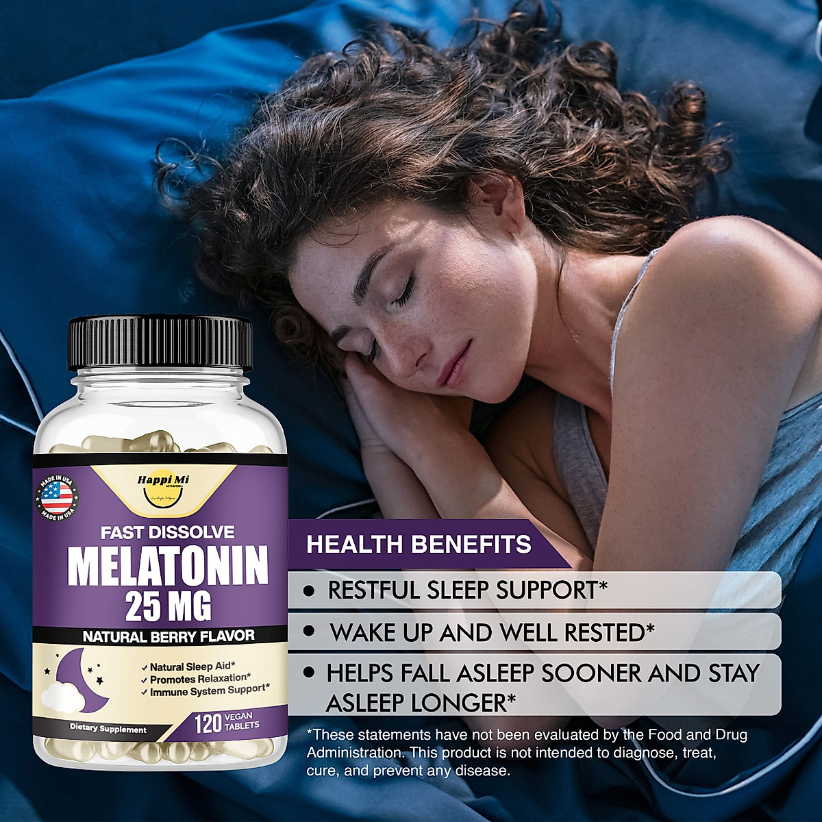 Happi Mi Nutrition Melatonin 25mg, Extra Strength with L-Theanine & Vitamin B-6, Fast Dissolve Tablets, Sleep Support, Relaxation, Restful Sleep, Drug Free, Natural Berry Flavor, 120 Chewable Tablets