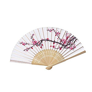 Sepwedd 50pcs Delicate Plum Blossom Blossom Design Imitated Silk Fabric Bamboo Folded Hand Fan Bridal Dancing Props Church Wedding Gift Party Favors with Gift Bags