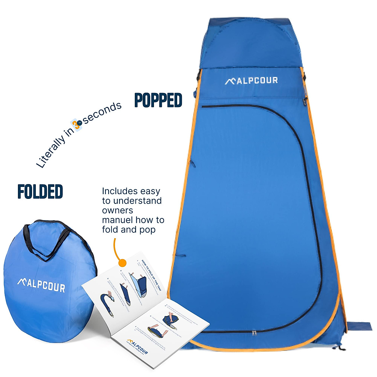 Alpcour Portable Pop Up Tent – Privacy Tent for Portable Toilet, Shower and Changing Room for Camping and Outdoors – Spacious, Extra Tall and Waterproof with Utility Accessories - Sturdy and Easy Fold