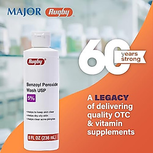 Rugby Benzoyl Peroxide Wash USP 5% - Helps to Clear Acne Pimples and Dry Oily Skin - Acne Medication - 8 Fl. Oz.