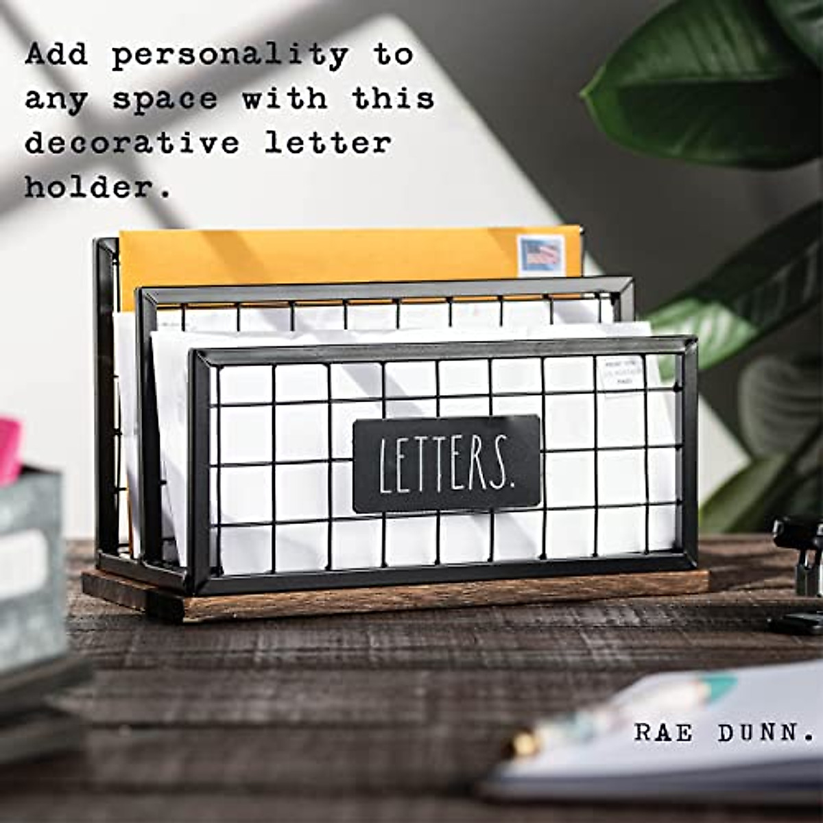 Rae Dunn Desktop Letter Holder – 2 Compartment Mail and Stationary Table Top Organizer – Chic and Stylish Galvanized Steel and Solid Wood - “Letters” Print - for Home and Office