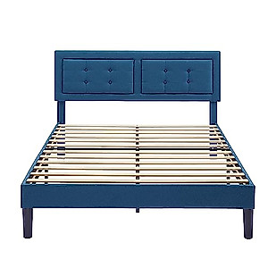 VECELO Queen Size Upholstered Bed Frame with Height Adjustable Fabric Headboard, Heavy-Duty Platform Bedframe/Mattress Foundation/Strong Wood Slat Support/No Box Spring Needed, Blue