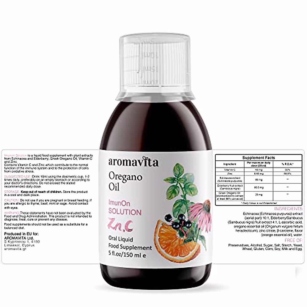 AROMAVITA ImunOn Solution Syrup - Oregano Oil-Echinacea Extract,Elderberry,Sambucus Extract,Vitamin C,Zinc,b-Carotene,Orange-Powerful System Defence Booster -Natural,Vegan Friendly,Dietary Supplement