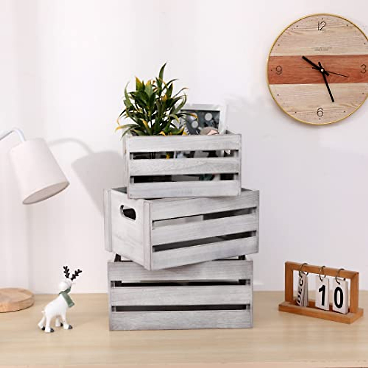 LKMANY Decorative Wood Crates Nesting Crates Storage Container,Nature Rustic White Set of 3