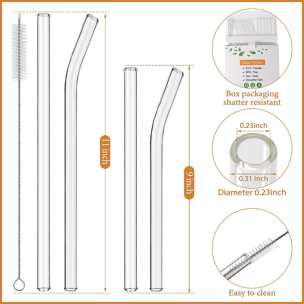 [12 Pcs] Reusable Glass Straws Shatter Resistant - 11" x 8mm and 9" x 8mm Each Including 3 Straight and 3 Bent with 2 Cleaning Brush Perfect for 30 oz and 20 oz Tumblers Juice Coffee Cocktail Tea