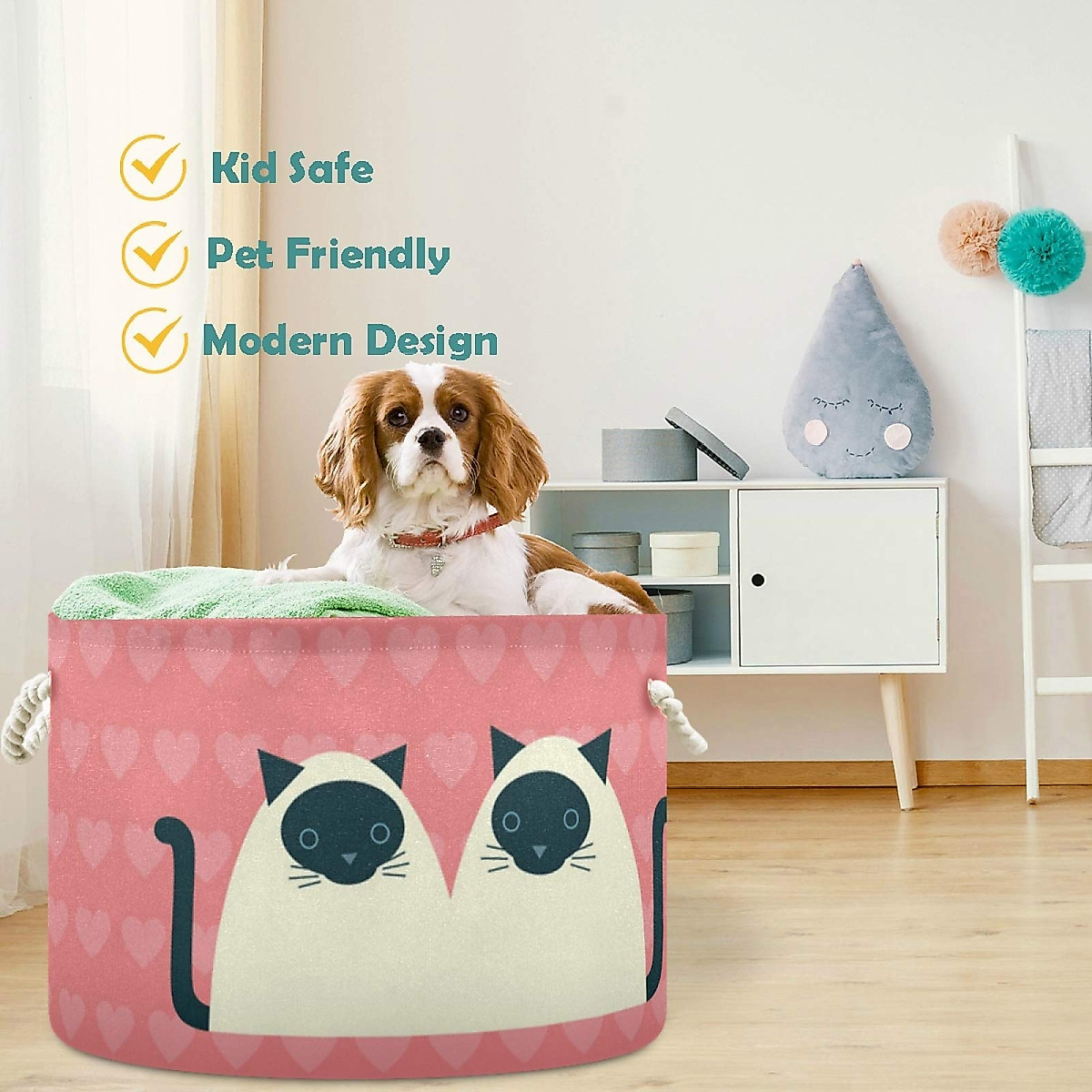 visesunny Cat Pink Heart Cartoon Collapsible Large Capacity Basket Storage Bin with Durable Cotton Handles, Home Organizer Solution for Office, Bedroom, Closet, Toys, Laundry