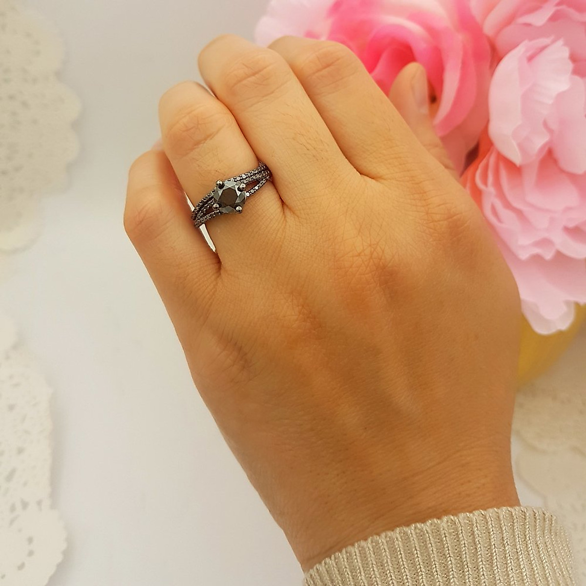 Dazzlingrock Collection 1.35 Carat (Cttw) Black Plated Silver Black Diamond Women Engagement Ring Set, Size 9.5