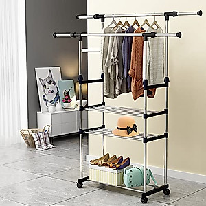 Moclever Garment Rack With Shelves, Clothing Rack With Wheels Extendable Double Rod Clothing Rack For Hanging Clothes, Rolling Clothes Organizer On Lockable Wheels Mobile Hold Up To 77lbs