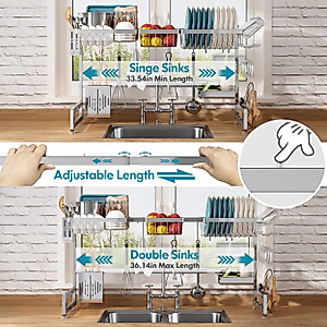 romision Over The Sink Dish Drying Rack, 2-Tier Adjustable Length(33.5-36.2in) Stainless Steel Dish Rack Over Sink, Expandable Large Dish Drainer for Kitchen Counter with 8 Hooks, Sliver