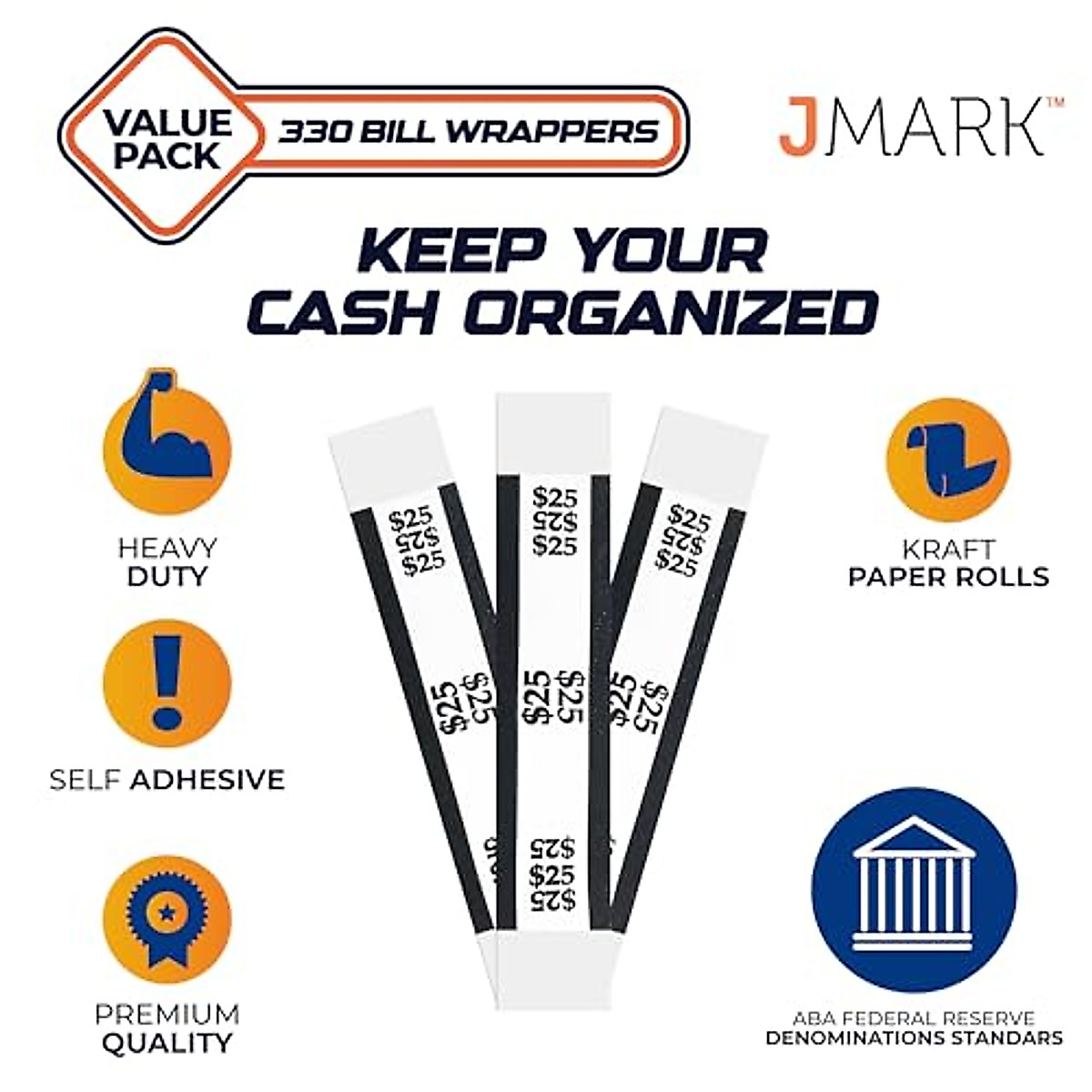 Money Bands Currency Sleeves Straps – Made in USA (Pack of 330 for $25) Self-Adhesive Money Wrappers for Bills Color Coded Wraps Meets ABA Standards, 7.5 x 1.25 inches – Counter Recyclable Kraft Paper