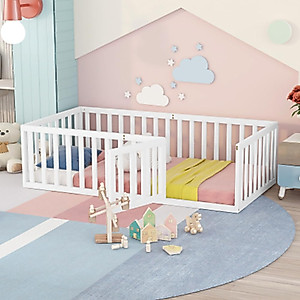 P PURLOVE Twin Size Floor Bed Frame for Kids, Wood Montessori Floor Beds with Fence Rail for Boys Girls,(White,Twin Bed