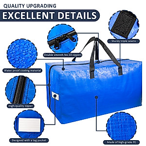 Extra Large Moving Bags with Strong Handles, 4 Pack Heavy Duty Storage Bags with Smooth Zipper, Oversized Storage Tote for Clothes Moving Supplies Dorm Essentials Household Containers