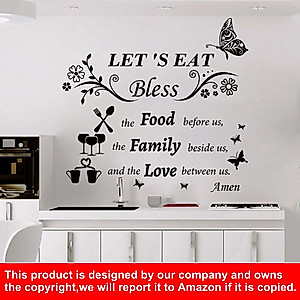 Kitchen Wall Decals Dinner Meal Prayer Wall Stickers Vinyl Kitchen Quotes Wall Decal Let's Eat Bless The Food Before Us Sign Saying Stickers for Dinning Room Home Restaurant