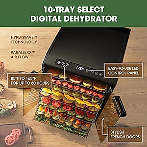 Excalibur Electric Food Dehydrator Select Series 10-Tray with Adjustable Temperature Control Includes Chrome Plated Drying Trays Stainless Steel Construction and Glass French Doors, 800-Watts, Black
