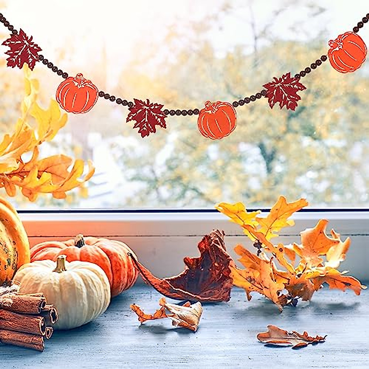 Fall Decorations for Home, DEWBIN 47" Farmhouse Wooden Beads Garland with Pumpkin and Maple Leaf for Fall Decor, Fall Thanksgiving Decorations for Tiered Tray, Coffee Table, Mantel, Dining Room, Wall