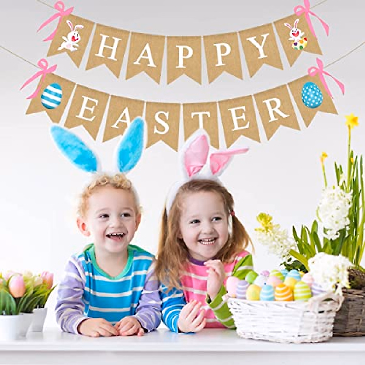 Happy Easter Banner, Easter Decorations Burlap Easter Garland with Bunny Sign for Spring Themed Party Favors Supplies, No DIY Required
