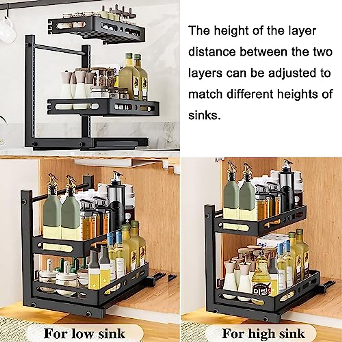 Under Sink Organizers and Storage, Pull Out Under Cabinet Organizer 2-Tier Spacing can be Adjusted Cabinet Storage Shelf, Multi-Use for Under Kitchen Bathroom Sink Organizers with Hooks(Black).