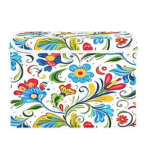 Wassud Storage Bins with Lids Colorful Flower Pattern Collapsible Stackable Fabric Linen Baskets Closet Organizer Container,16.5"x12.6"x11.8"