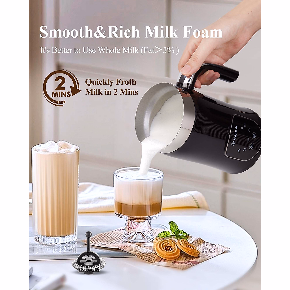 5-in-1 Milk Frother and Steamer - Upgraded Automatic Milk Steamer 11.8oz Hot & Cold Foam Maker and Milk Warmer with LED Display Touch Screen & Two Whisks for Latte,Cappuccinos,Silent Working