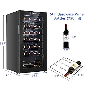 LEADZM 28 Bottle Freestanding Wine Fridge, Compressor Wine Cooler Refrigerator, Mini Wine Cellar for Red, White Wine and Champagne with Digital Temperature Control & Double-layered Glass Door