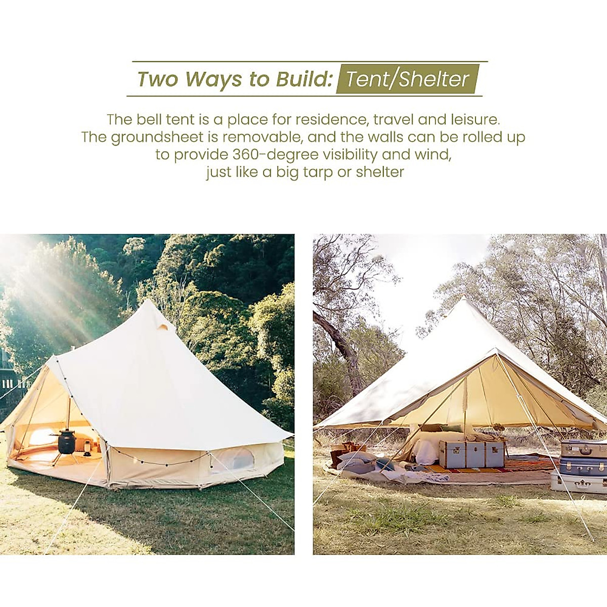 MC TOMOUNT Canvas Tent Bell Tent Yurt with Stove Jack Zipped Removable Floor for Glamping Truck Car Camping