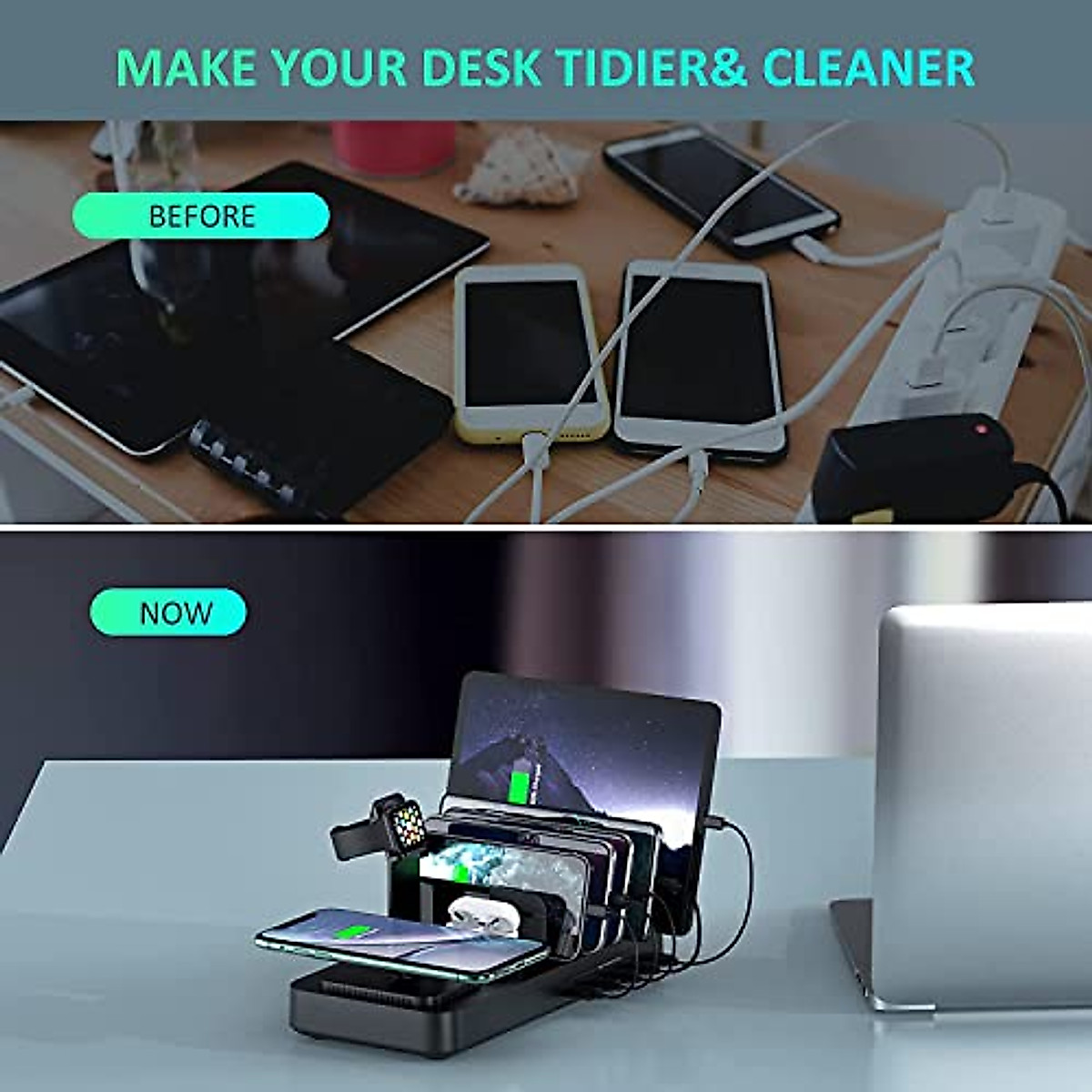 Getop Updated 8 in 1 Wireless Charging Station for Multiple Devices, Charging Dock with AirPods iWatch Charger Stand, 10W Wireless Charger and 9 Short Mixed Cables for iPhone/iPad/Tablets-Matt Black