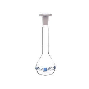 EISCO Volumetric Flask, 25ml - Class A - 10/19 Polyethylene Stopper, Borosilicate Glass - Blue Graduation, Tolerance ±0.040