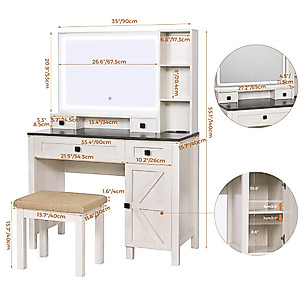 ANWBROAD Makeup Vanity Desk with Mirror and Lights Farmhouse Vanity Desk with Charging Station 3 Color Dimming Lights Storage Cabinet Cushioned Stool Vanity Table Set for Bedroom Antique White UBDT61W