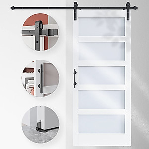 EaseLife 36in x 84in Glass Barn Door with 6.6FT Sliding Door Hardware Kit Included & Handle,Solid LVL Wood Covered with Water-Proof & Scratch-Resistant PVC Surface,DIY Assembly,5-Panel Glass,White