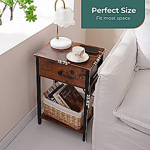 Yoobure Nightstand with Charging Station, Side Table End Table with Large Drawer and Storage Shelf, Bed Side Table/Night Stand with USB Ports & Outlets, Rustic Bedside Tables for Bedroom, Living Room
