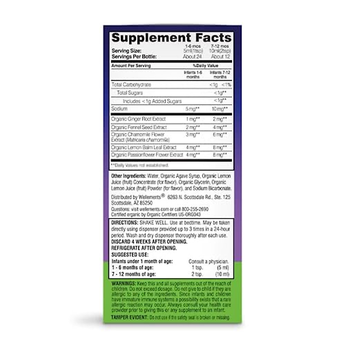 Wellements Organic Nighttime Gripe Water for Babies 1 Month+ (4 Fl Oz) - Baby Gripe Water for Bedtime Relief Gas, Colic & Fussiness - Herbs Promote a Peaceful Night’s Sleep - USDA Certified & Non GMO