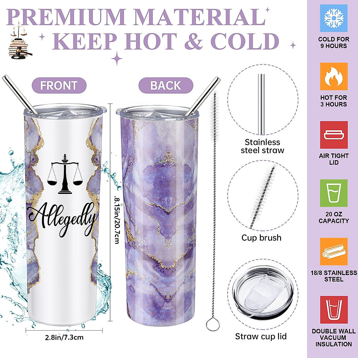 Domensi 6 Pcs Funny Allegedly Lawyer Gifts Judge Gift Lawyer Appreciation Day Gift 20 oz Marble Sign Tumbler Makeup Bag Notepad Ballpoints for Law Paralegal School College Teacher(Purple)