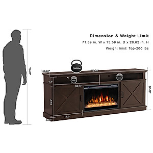Oxhark Flame 72" Fireplace TV Stand for TVs Up to 80", Entertainment Center with 26" Electric Fireplace,5 Flame Colors Control with Remote, Farmhouse Cabinet Console Crossed Door, Brown