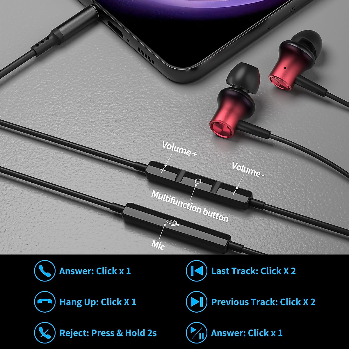 3.5mm Jack Earbuds Magnetic Wired Earphone for Chromebook PC Laptop Computer Samsung Galaxy A25 A15 5G in-Ear Headphone Noise Canceling Corded Headset for Kindle Fire HD 10 8 Plus 7 Kids