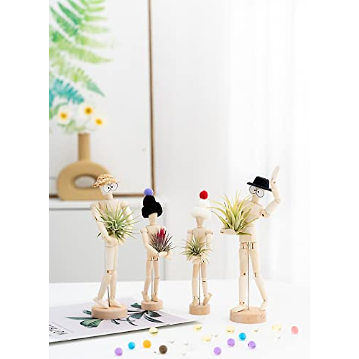 Melphoe 4 Pack Air Plant Holder Wooden Jointed Mannequin Tabletop Flexible Shape Adjustable Pose & DIY Accessories Decor Planter Tillandsia Air Fern Display Stand for Home, Office