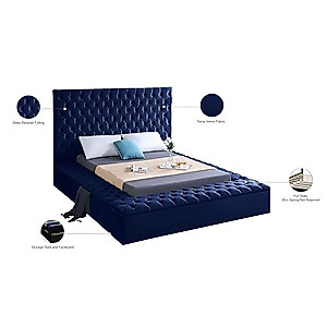 Meridian Furniture Bliss Collection Modern | Contemporary Velvet Upholstered Bed with Deep Button Tufting and Storage Compartments in Rails and Footboard, Queen, Navy