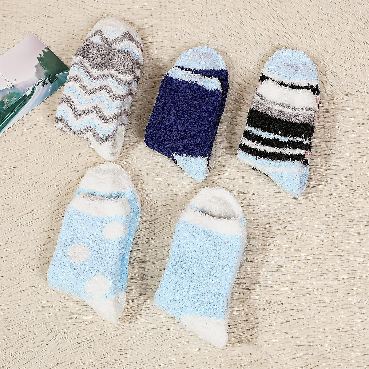 Zando Fuzzy Socks for Women Non Skid Grip Socks Warm Cozy Socks Non-Slip Yoga Socks with Grips Plush Slipper Socks Non Slip Hospital Socks Athletic Pilates Socks Sweet Home Socks 5/Blue Ripples