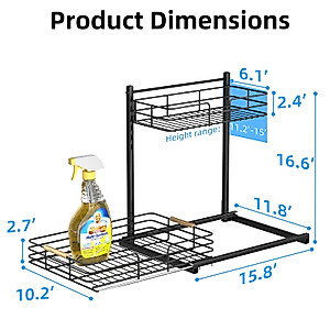 Delamu Under Sink Organizers and Storage, 2 Pack Under Kitchen Sink Organizer, Height Adjustable Bathroom Cabinet Organizer, Pull out Under Cabinet Organizer and Storage, Black
