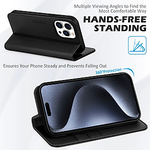 SHIELDON Case for iPhone 15 Pro 5G 6.1", Genuine Leather iPhone 15 Pro Wallet Case Flip Cover RFID Blocking Card Slots Magnetic Closure Shock-Absorbent Case Compatible with iPhone 15 Pro 2023 - Black