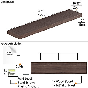 Wallniture Ronda 48 inch Walnut Floating Shelf, Floating Bookshelves for Wall, Decorative Wall Shelves for Living Room, Kitchen, Bedroom