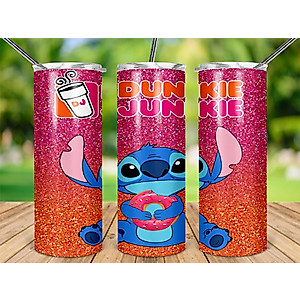 Dunkie Junkie #3 20oz Stainless Steel Tumbler, Slide Door Lid & Straw Included, Gift, Glitter Print, Coffee & Donut Lover, Great For Keeping Drink Cold or Hot